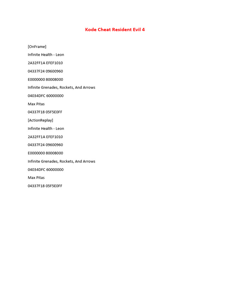 Kode Cheat Resident Evil 4 | PDF