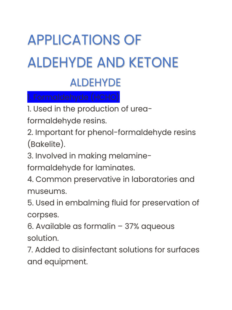 Application of Aldehyde and Ketone | PDF | Aldehyde | Formaldehyde