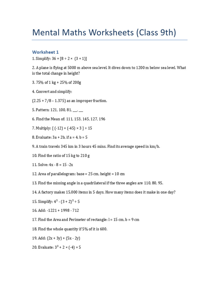 Class 9th Mental Maths Worksheets | PDF | Area | Elementary Geometry