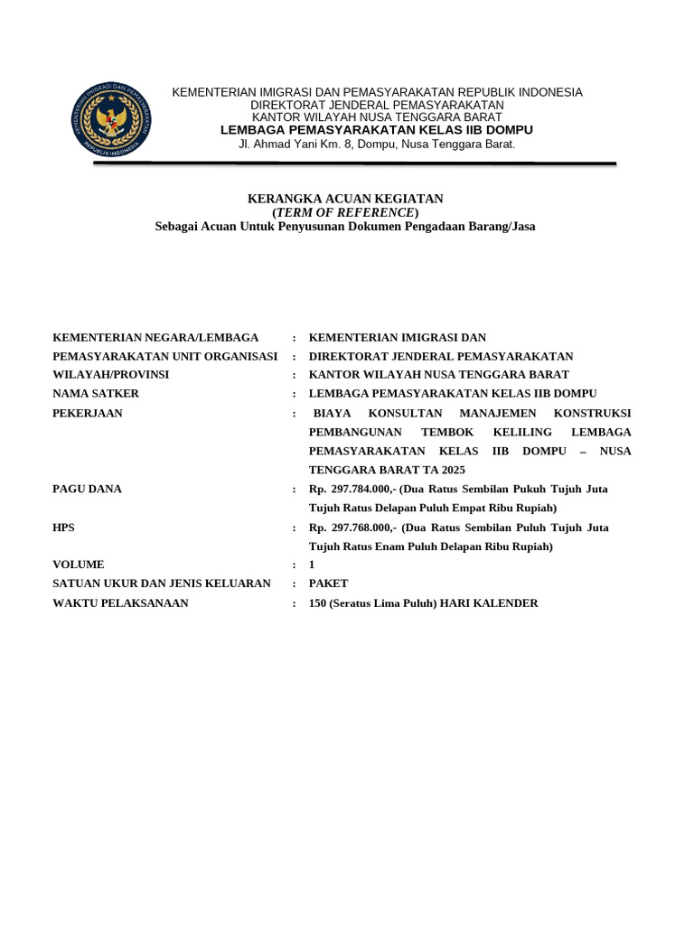 KAK Tembok Lapas Dompu Revisi | PDF