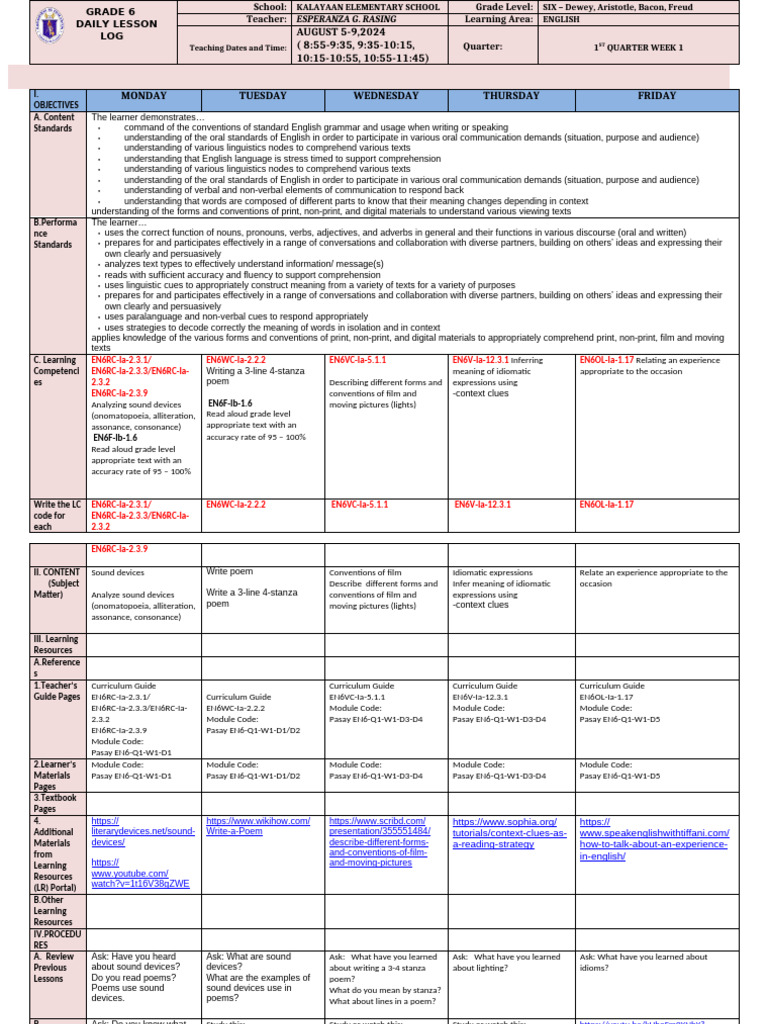 Q1 W1 Day1 5 DLL - ENGLISH 6 August 5 9 | PDF | English Language | Poetry