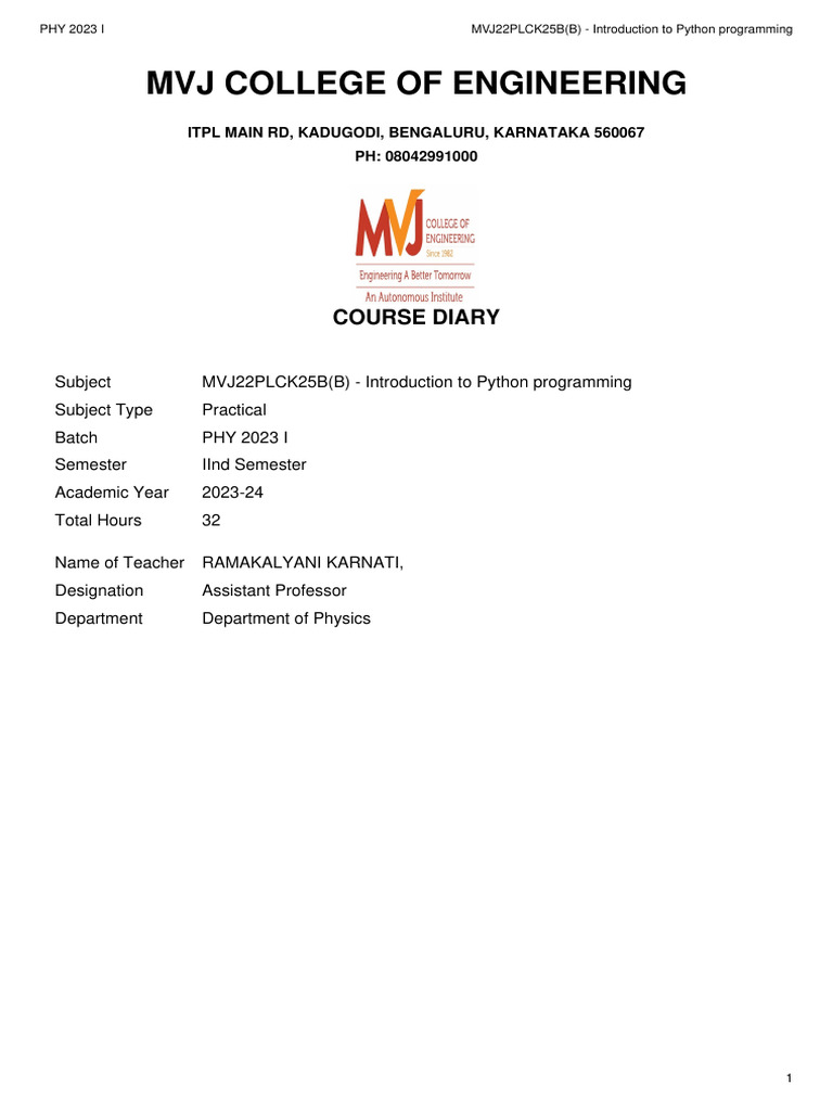 Coursediary Mvj22plck25b(b) - Introduction To Python Programming | Pdf 