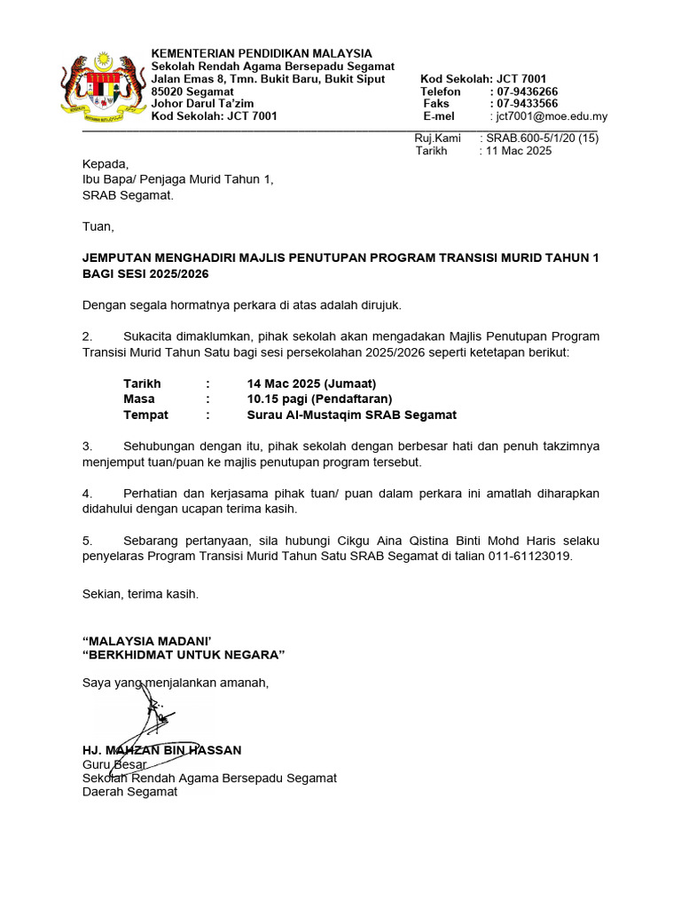 Surat Jemputan Ibu Bapa Program Transisi Tahun 1 | PDF