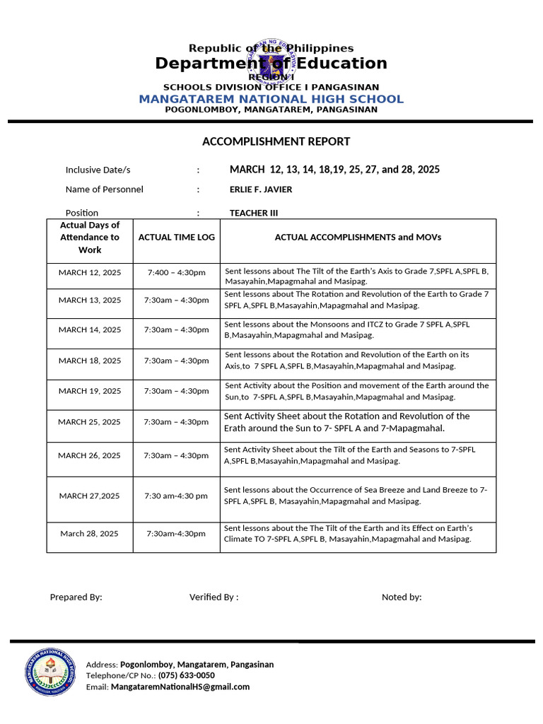 March 2025 Accomplishment Report | PDF | Rotation | Earth Sciences