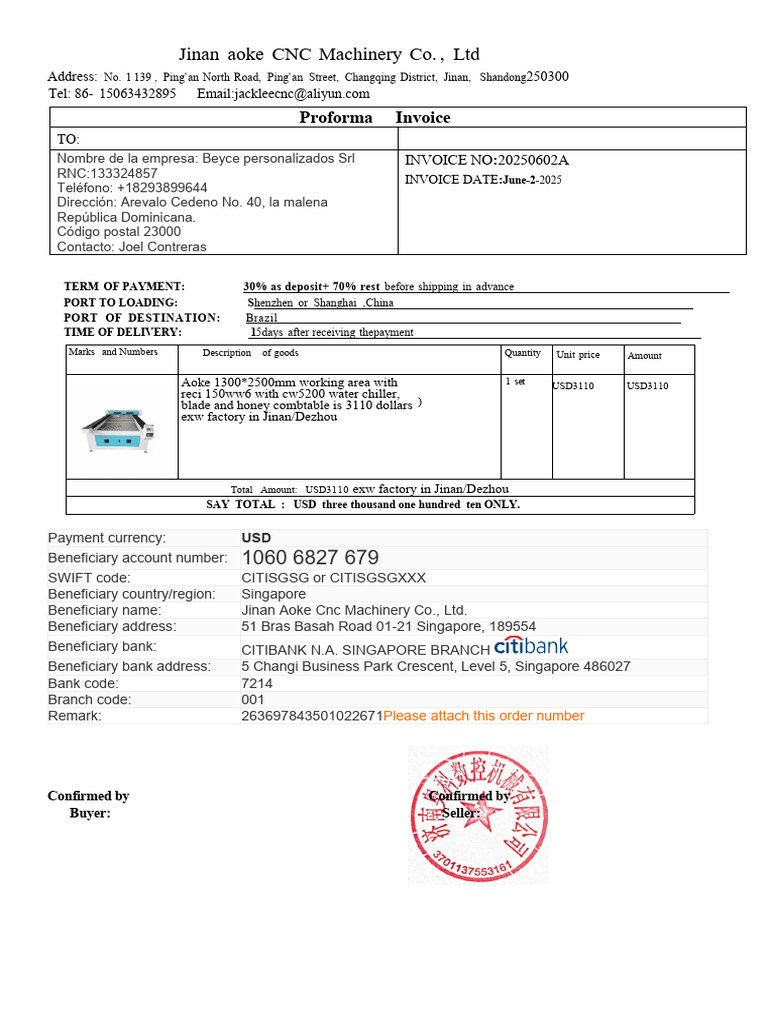 Proforma Invoice for CNC Machinery Sale | PDF