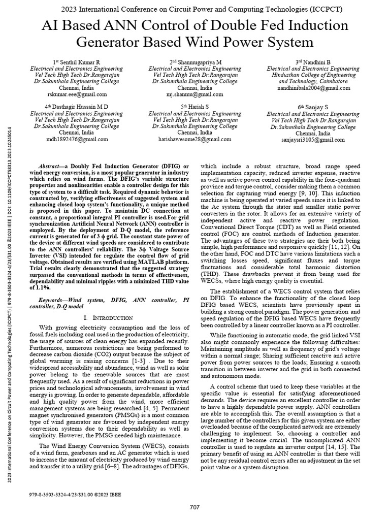 Ai Based Ann Control Of Double Fed Induction Generator Based Wind Power