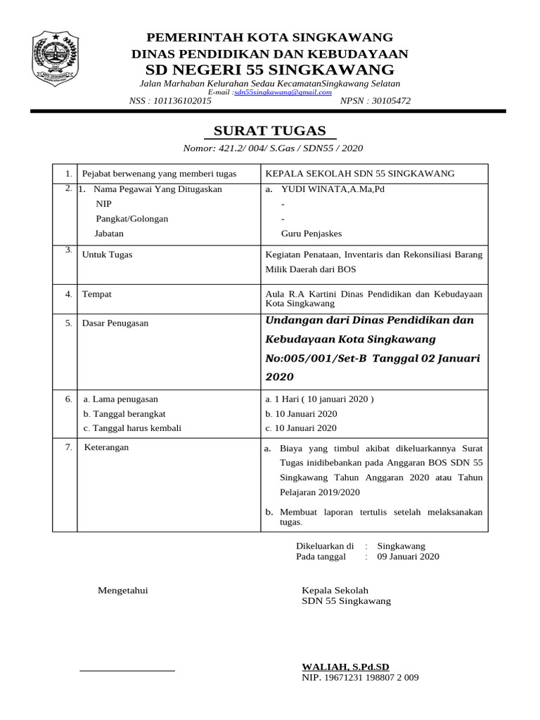 Surat Tugas Pak Yudi Penataan Inventaris Barang Jumat 10 Januari 2020 | PDF
