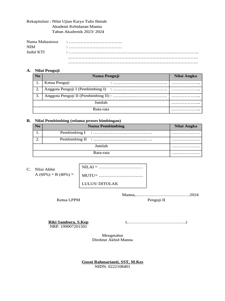 Rekapitulasi Nilai Ujian KTI | PDF