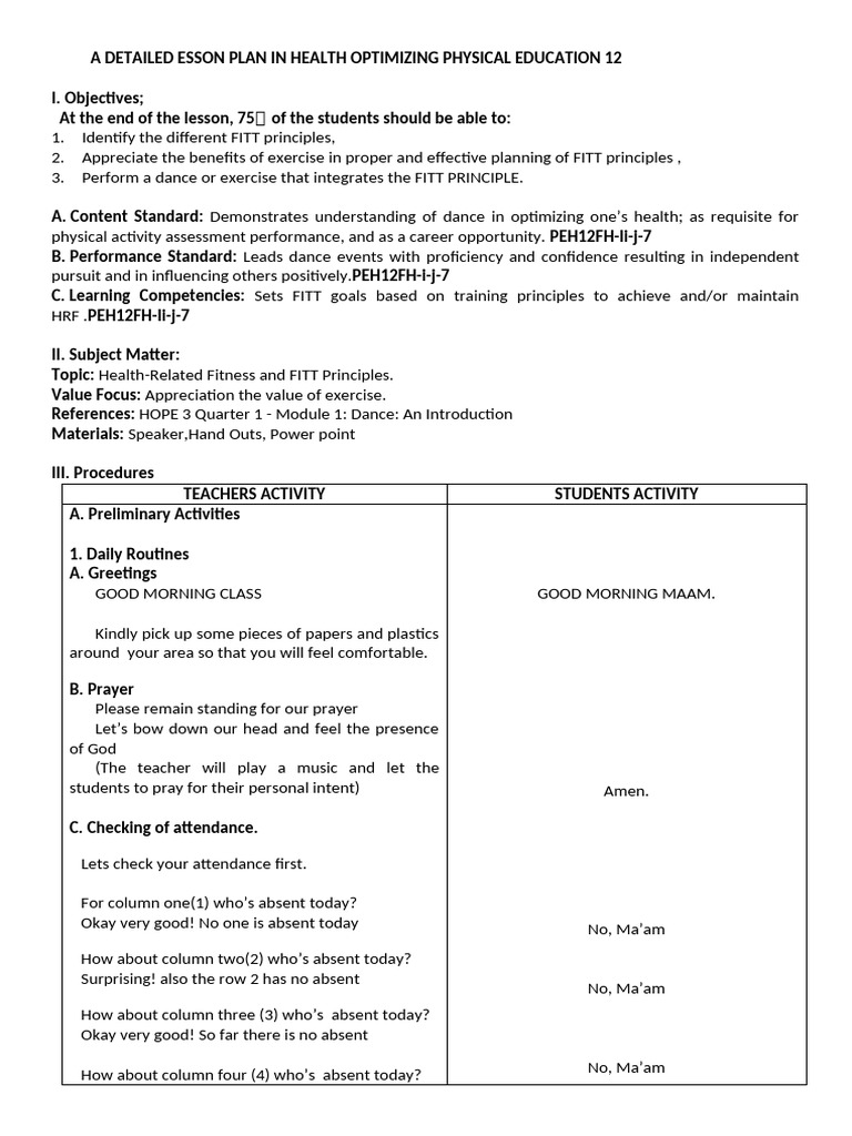 A Detailed Lesson Plan in Health Optimizing Physical Education For ...