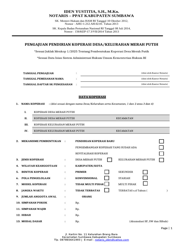 Form Isian Pengajuan Pendirian Koperasi Merah Putih (Iden Yustitia, SH, M, KN) | PDF