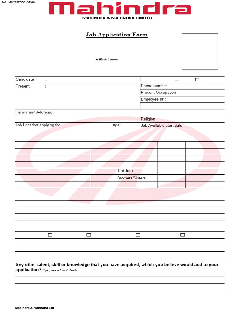 Mahindra Job Application Form | PDF