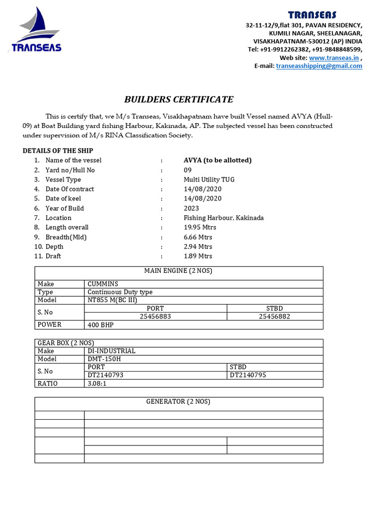 Builder Certificate Avya 19-6-2023 | PDF | Watercraft | Shipping