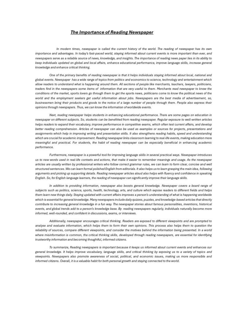 Importance of Reading Newspapers | PDF | Newspapers | News