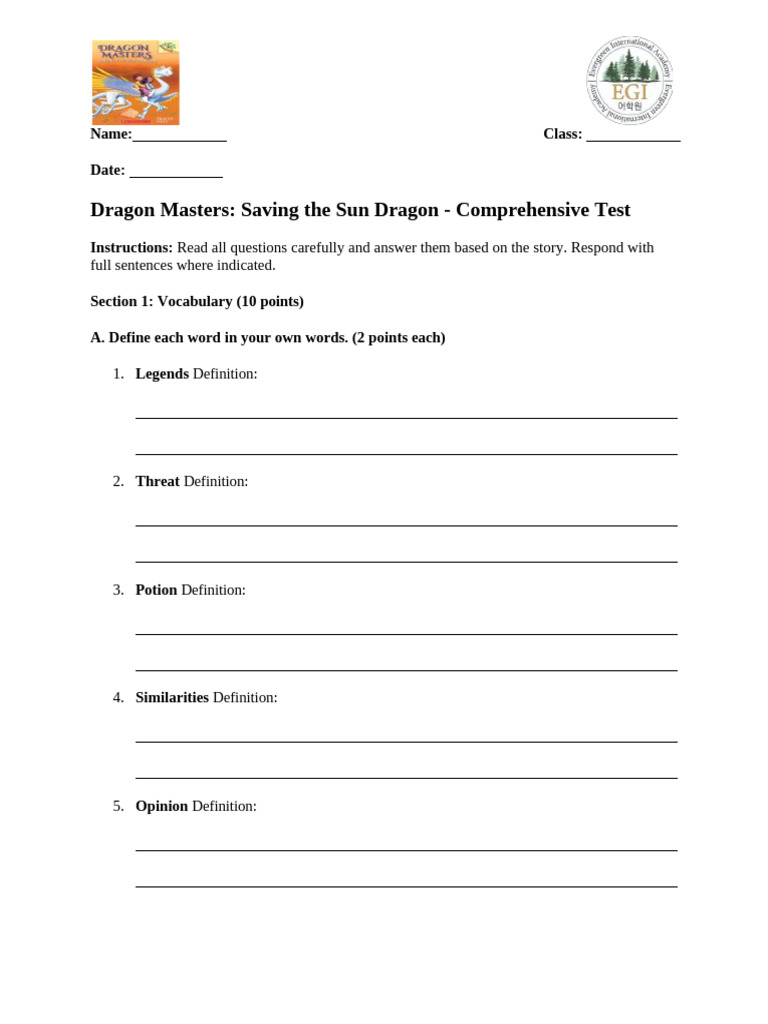 Saving The Sun Dragon Test | PDF