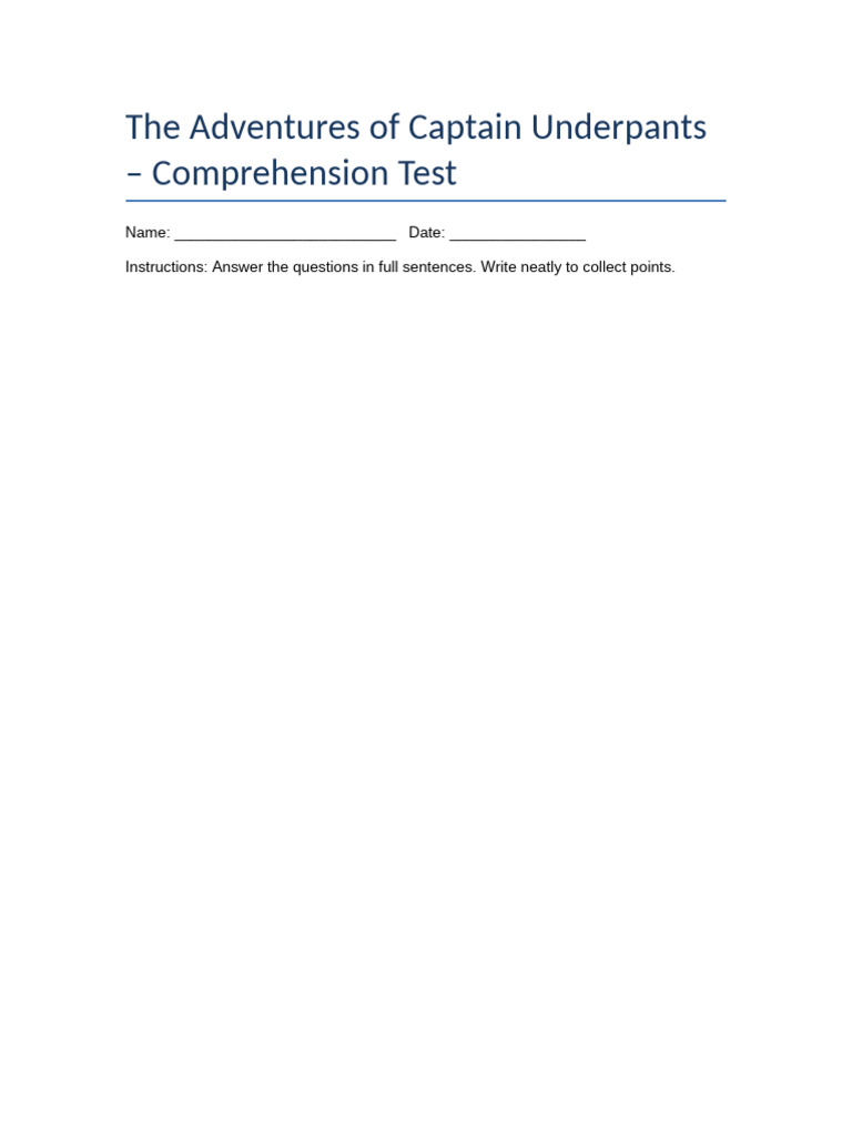 Captain Underpants Comprehension Test Format | PDF