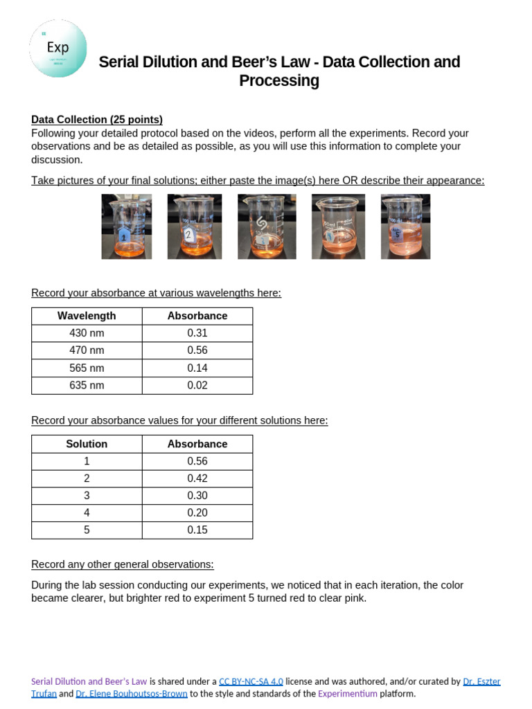 Exp1 - Data - Serial Dilutions and Beer's Law Christopher Lam | PDF | Spectrophotometry | Absorbance