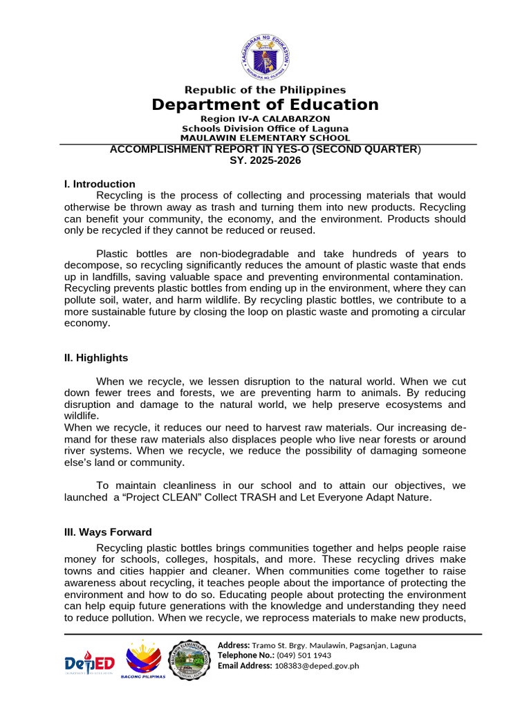 YES-O - Fourth Quarter Accomplishment 2024-2025 | PDF | Recycling | Waste