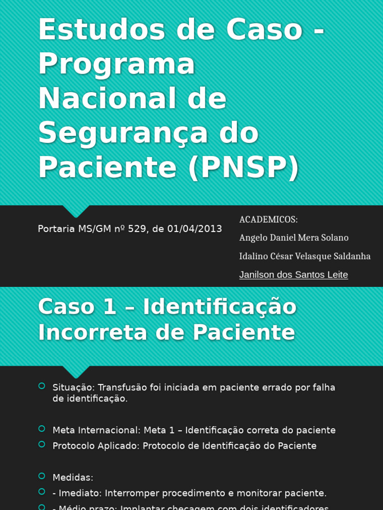Estudos de Caso PNSP Com Tabelas | PDF | Segurança do paciente | Infecção