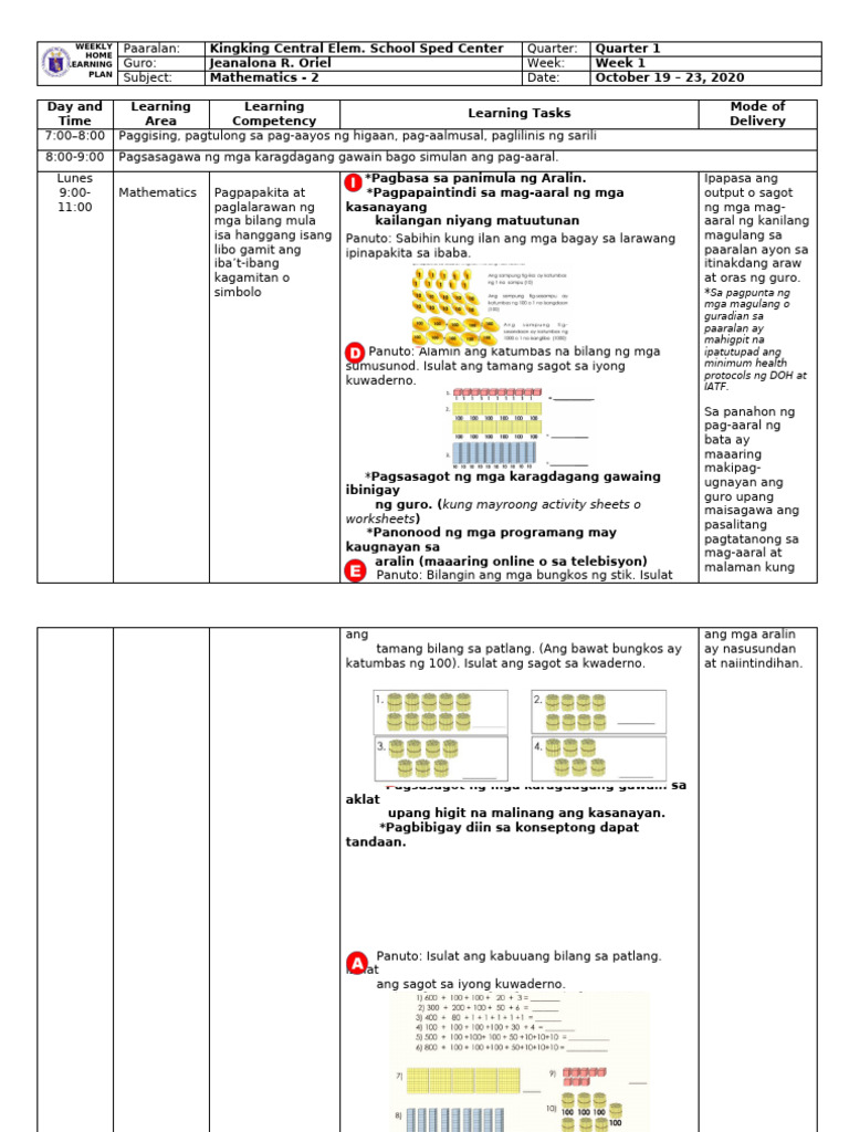 WHLP Grade 2 Mathematics Week 1 | PDF