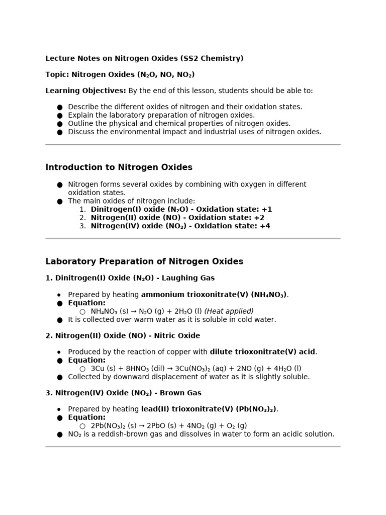 Nitrogen Oxides (SS2 Chemistry) | PDF | Nitrogen | Nitrous Oxide