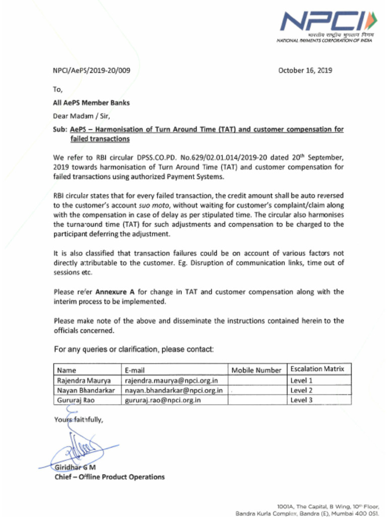 Circular 46 - AePS - Harmonisation of TAT - Cust Compensation | PDF