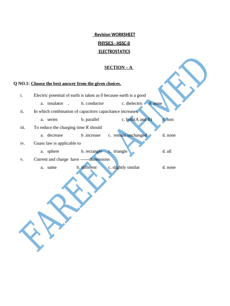 WORKsheet XII PHYSICS ELECTROSTATIC New | PDF