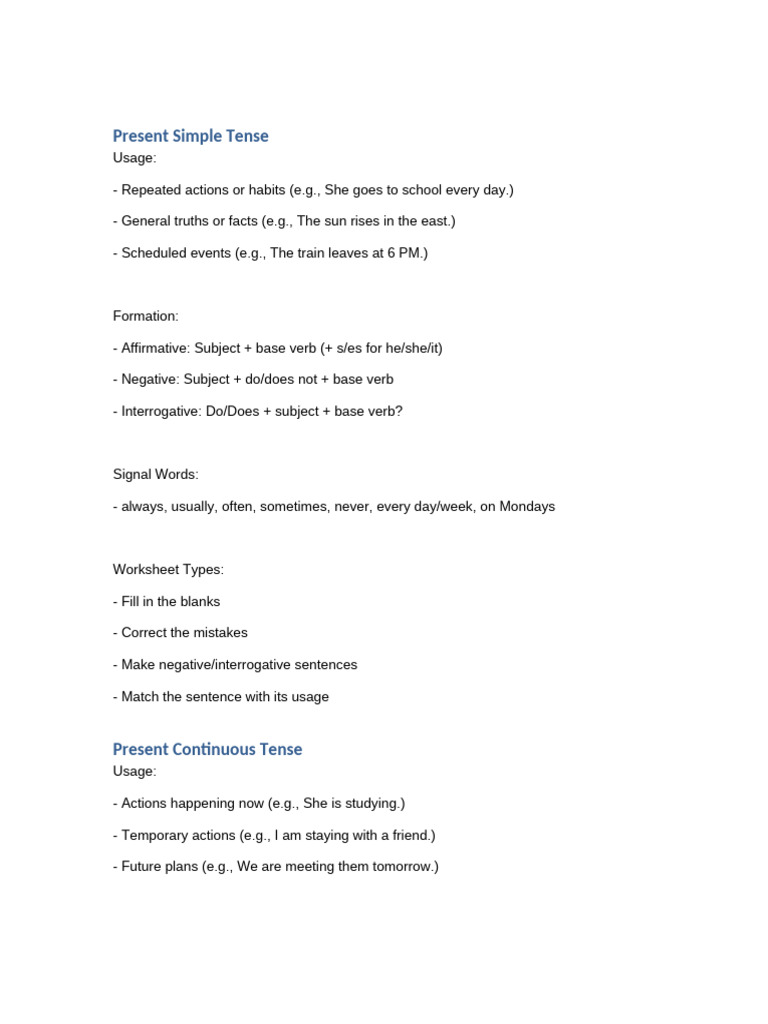 Present Tense Notes and Worksheet Types | PDF | Syntax | Language Mechanics