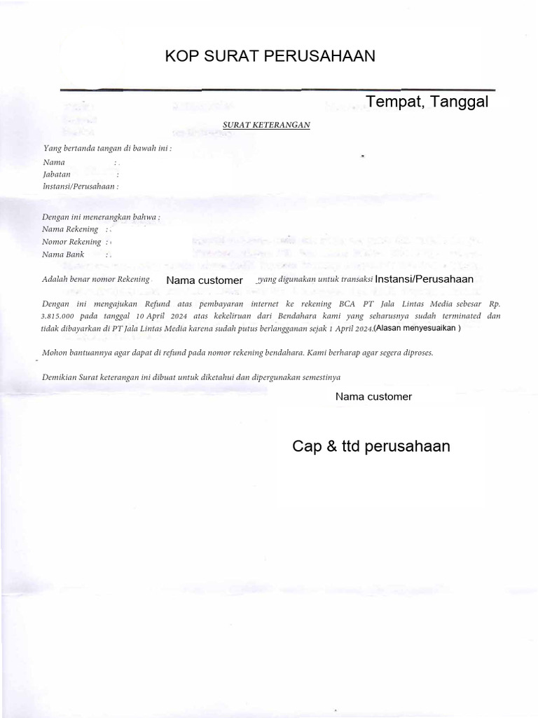 Surat Permohonan Refund Pembayaran | PDF
