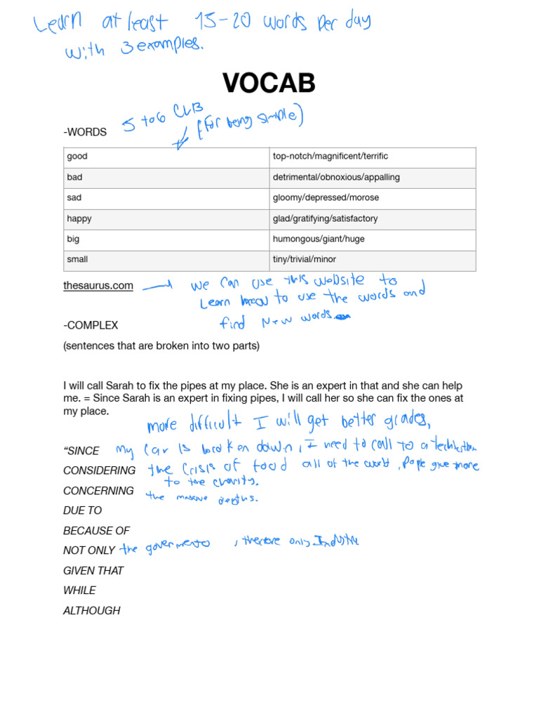 Class 1 English Vocabulary Notes | PDF