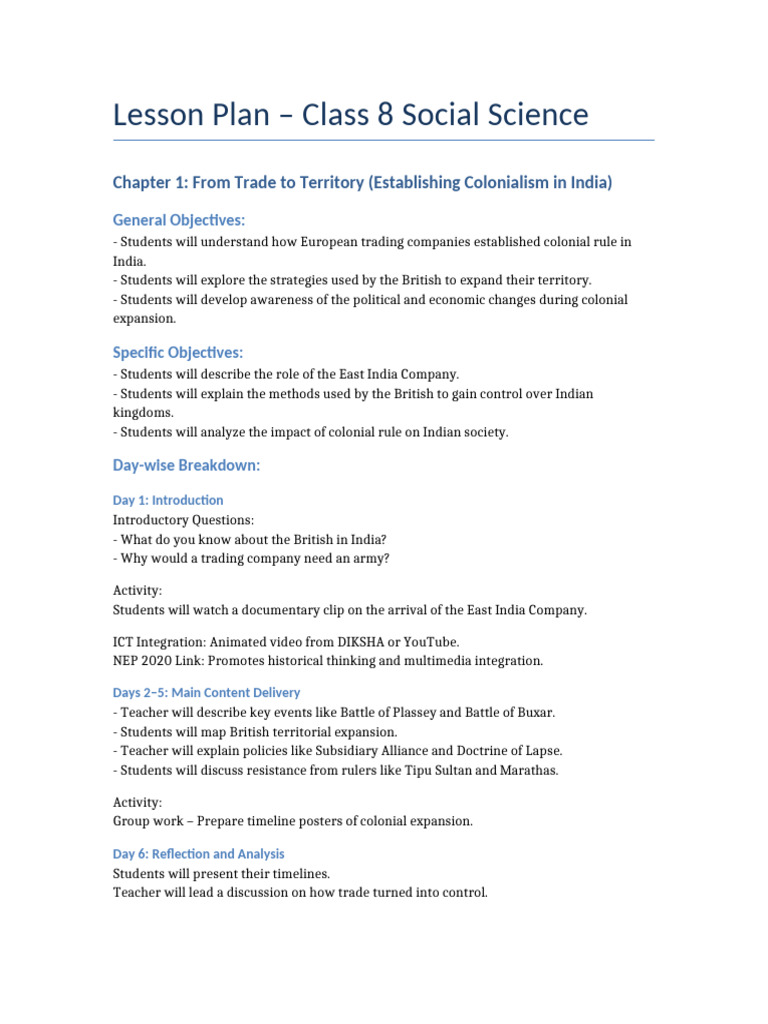 Class 8 Social Science Lesson Plan | PDF