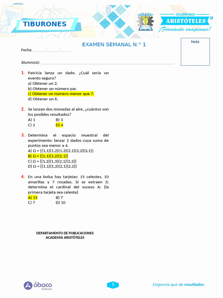 EXAMEN 2 - Tiburones - Probabilidades y Estadistica - Teoria de Probabilidades | PDF