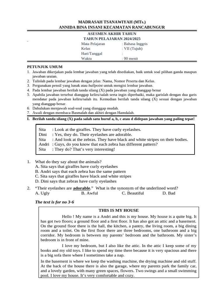 Soal PAT Bhs Inggris Genap Kls 7 2425 | PDF | Room