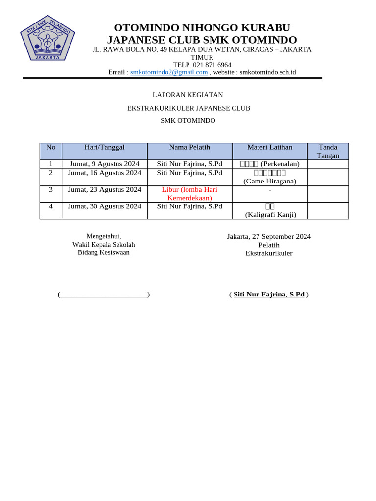 Laporan Kegiatan Japanese Club SMK OTM | PDF