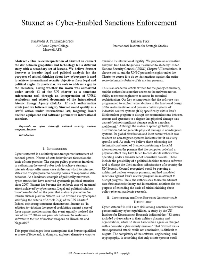 Stuxnet As Cyber-Enabled Sanctions Enforcement | PDF | Cyberwarfare | Security