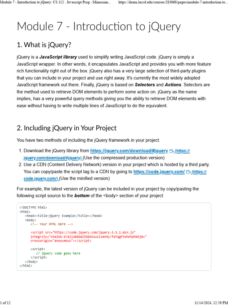 Module 7 - Introduction To Jquery - CS 112 - Javascript Prog - Minassian N. - FALL 2024 ...