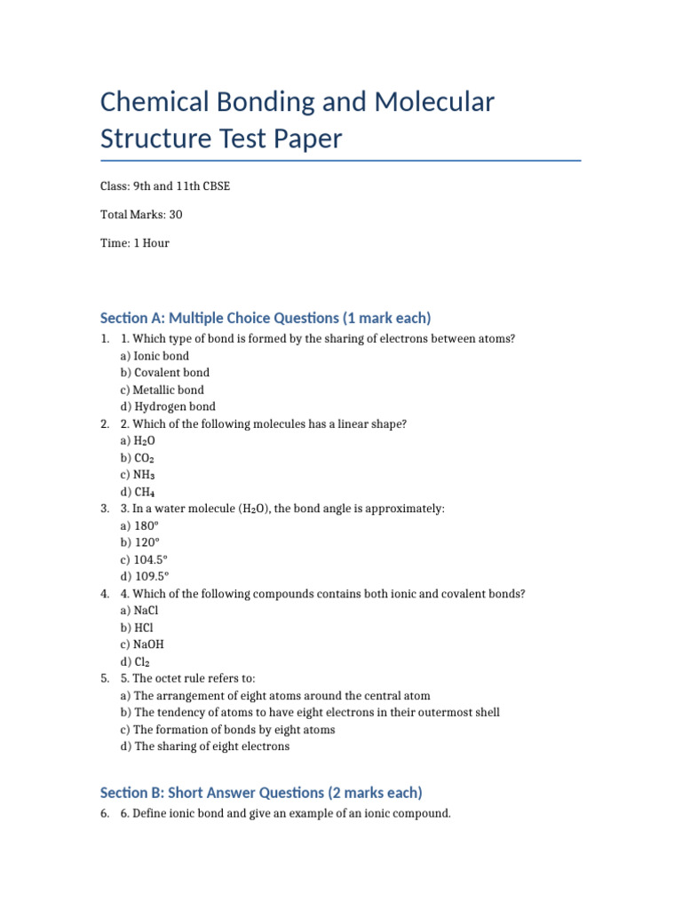 Chemistry Test Paper Class 9 and 11 CBSE | PDF