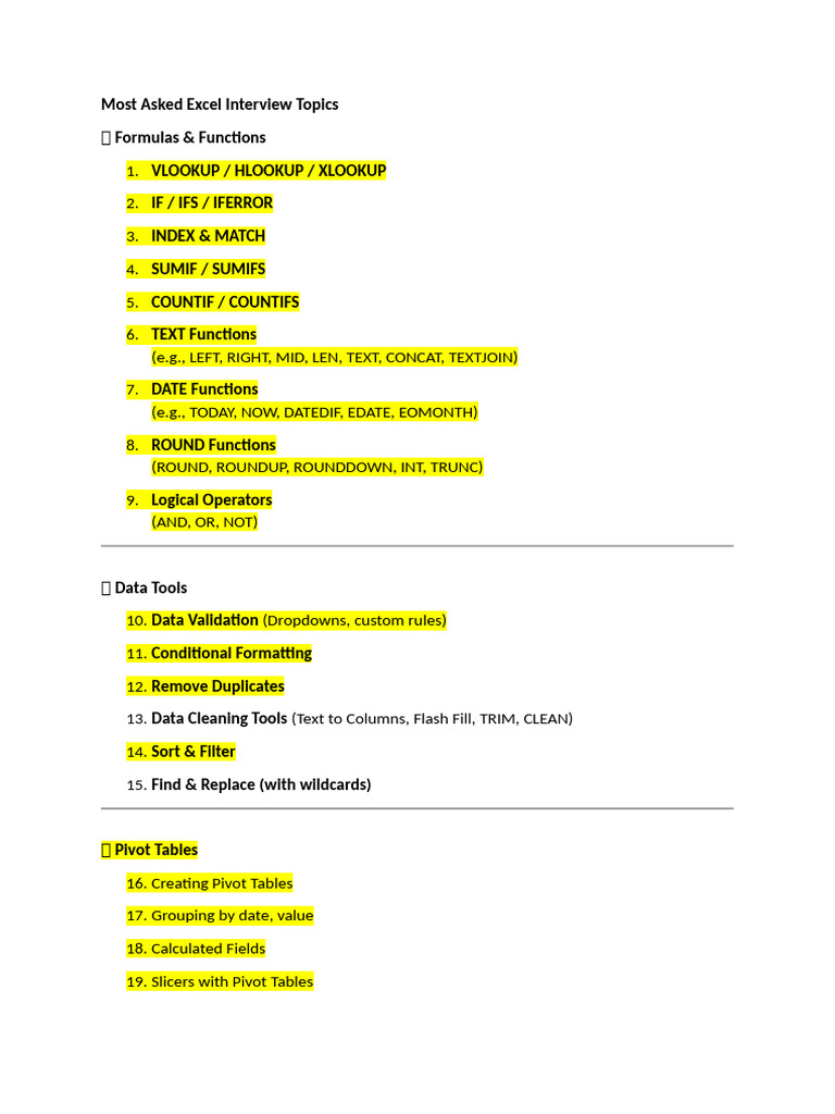 Most Asked Excel Interview Topics | PDF | Microsoft Excel | Information Science