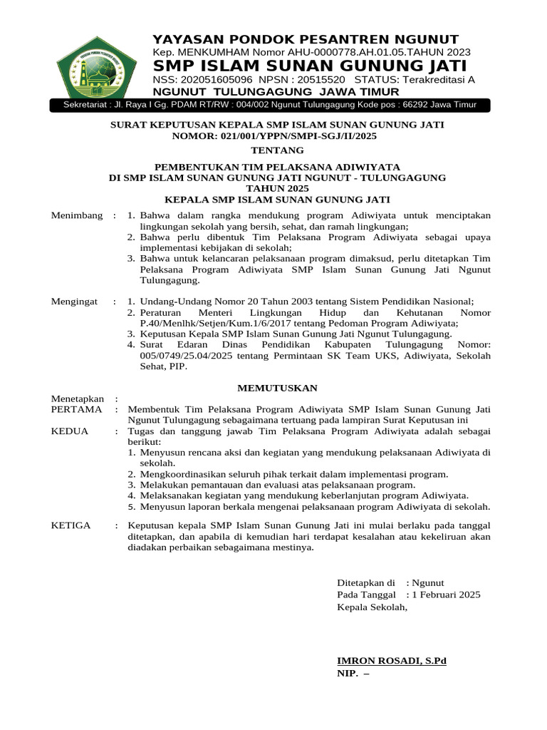 SK Pembentukan Tim Adiwiyata SMP 2025 | PDF