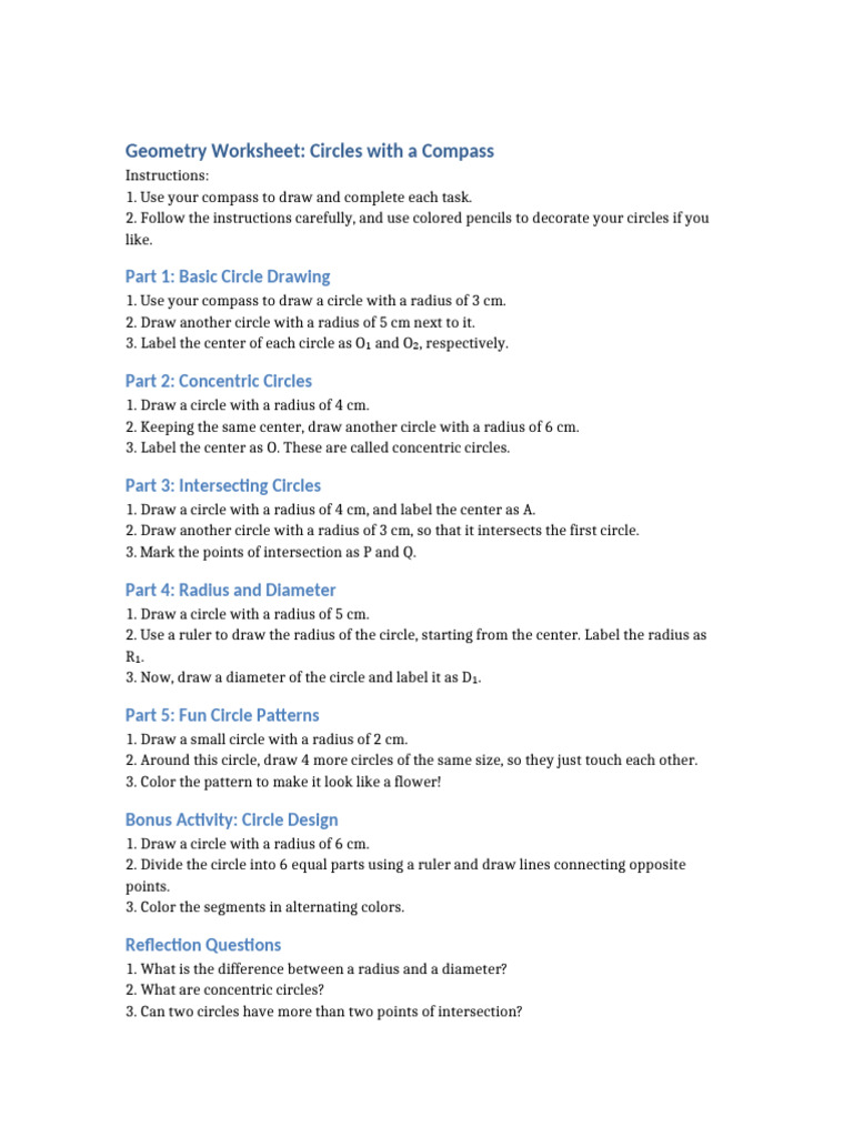 Geometry Circles Worksheet Class4 | PDF