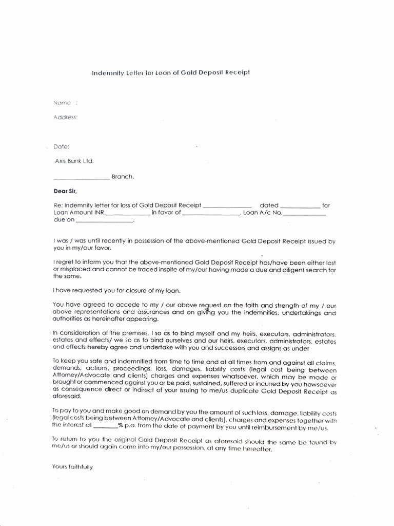 Address: Indemnity Letler For Loan of Gold Deposit Receipt | PDF