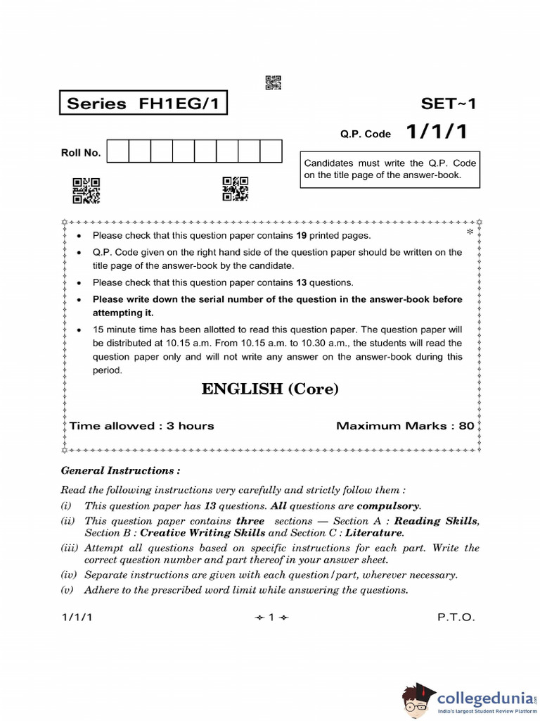 CBSE Class 12 English Core Question Paper 2023 Set 1 1 1 1 | PDF