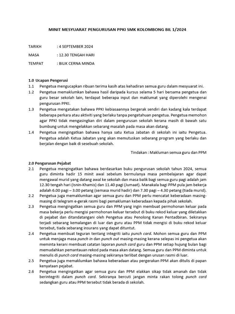 Minit Mesyuarat Pengurusan Ppki Bil 1 2024 | PDF