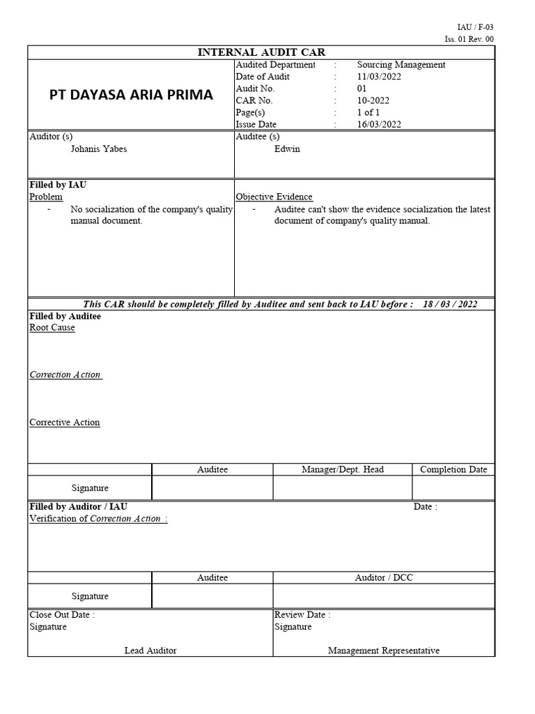IAU - F-03 (Internal Audit CAR) - Sourching | PDF | Audit | Business