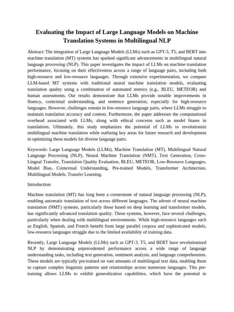 Evaluating The Impact of Large Language Models On Machine Translation Systems in Multilingual ...