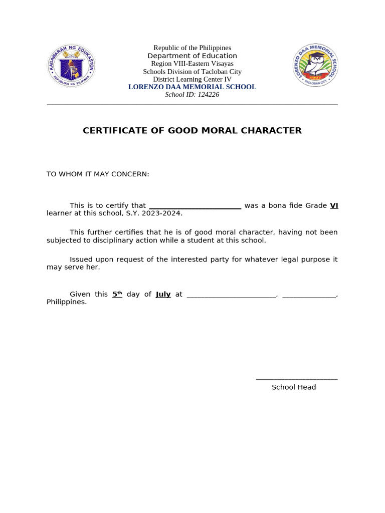 Certificate of Good Moral Character | PDF