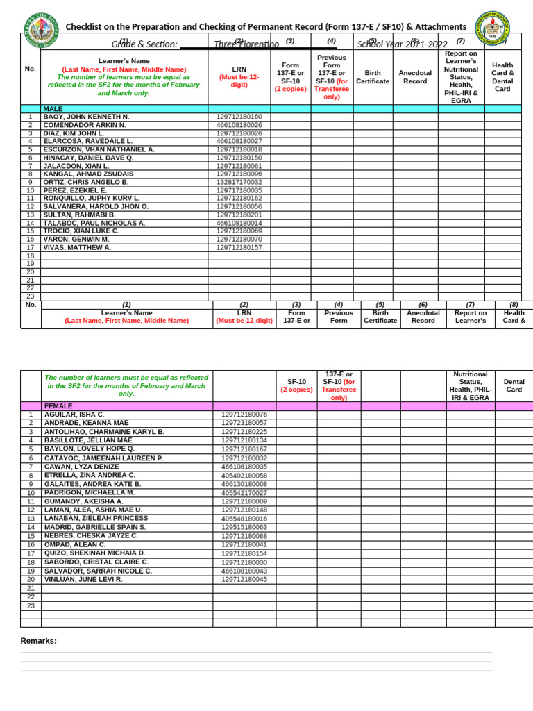 Checklist On The Preparation and Checking of Permanent Record Form 137 ...