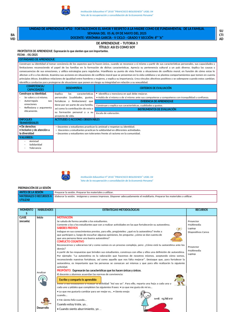 AdA 3 Tutoría UdA 2 Sexto Grado | PDF | Enseñando | Autoestima