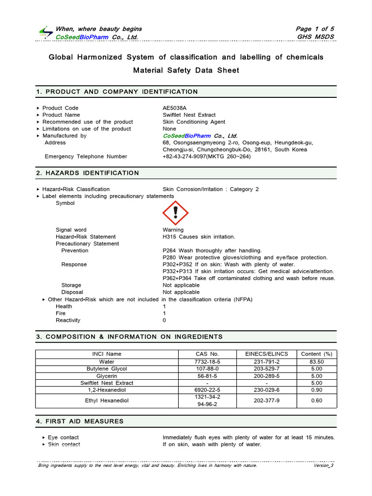 AE5038A Swiftlet Nest Extract (GHS MSDS - E) | PDF | Toxicity | Occupational Safety And Health