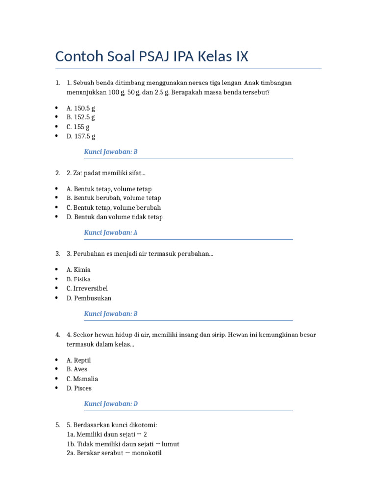 Contoh Soal PSAJ IPA Kelas IX 1-10 | PDF