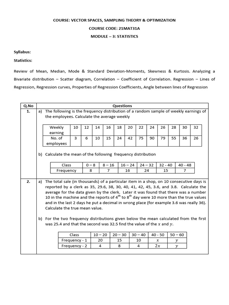 21MAT31A - Module 3 - Statistics - QB | PDF | Probability Distribution | Mode (Statistics)